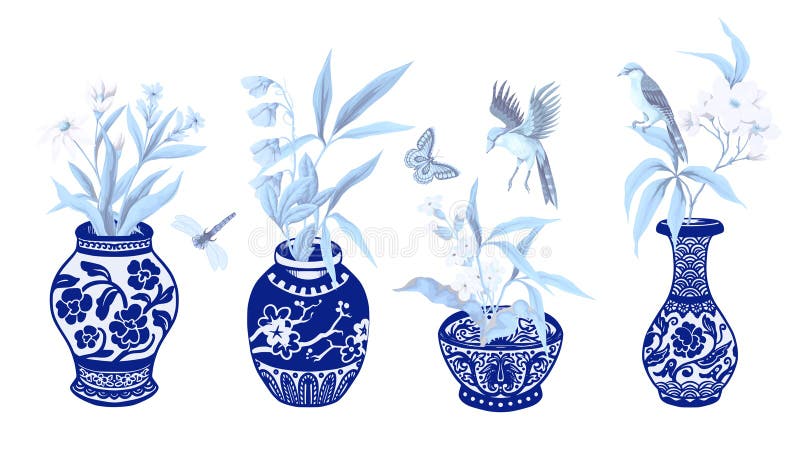 Chinese Blue Vases and Flowers Isolated. Vector. Stock Vector ...
