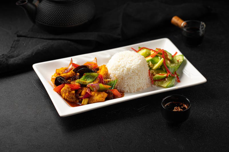 Chinese Braised Chicken with Rice and Salad Lunch Stock Image - Image ...