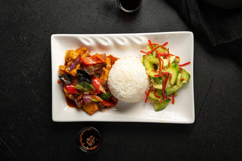 Chinese Braised Chicken with Rice and Salad Lunch Stock Image - Image ...