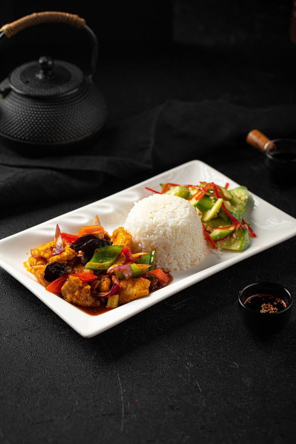 Chinese Braised Chicken with Rice and Salad Lunch Stock Photo - Image ...