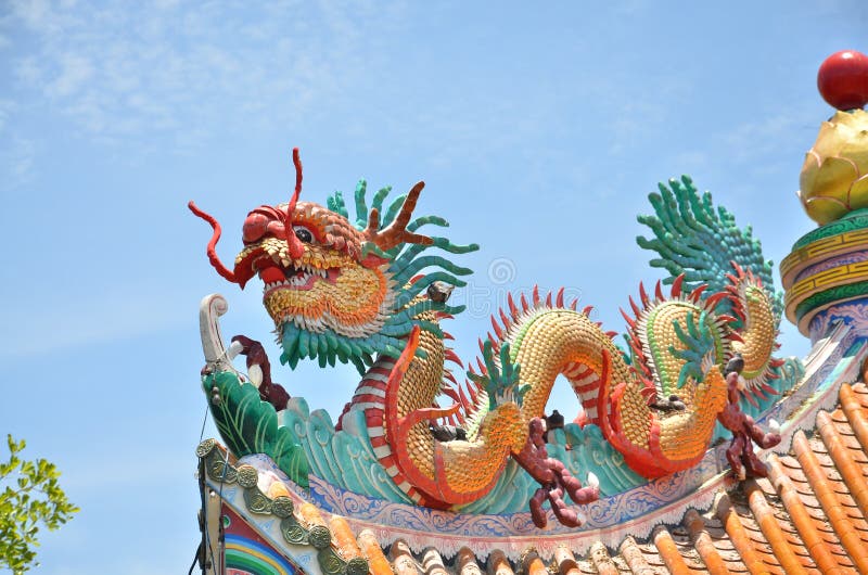 Chinese Style Dragon Statue Wrapped Around Red Pole and Art Chin Stock ...