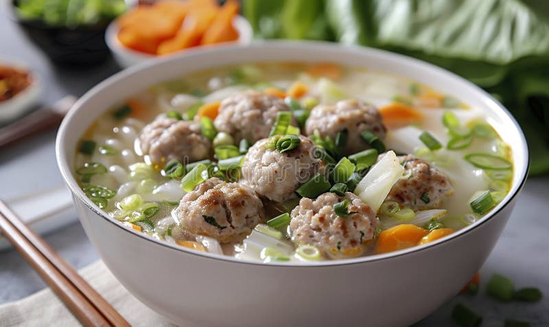 A Chinese Cabbage Soup with Minced Pork Meatball Served in a White Bowl ... A Chinese Cabbage Soup with Minced Pork Meatball Served in a White Bowl ...