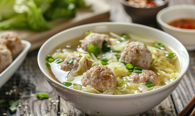 A Chinese Cabbage Soup with Minced Pork Meatball Served in a White Bowl ... A Chinese Cabbage Soup with Minced Pork Meatball Served in a White Bowl ...