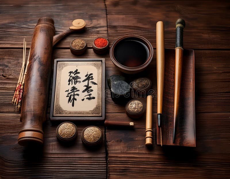 Chinese Calligraphy Tools Laid Out on an Ancient Wooden Table, Ready ...
