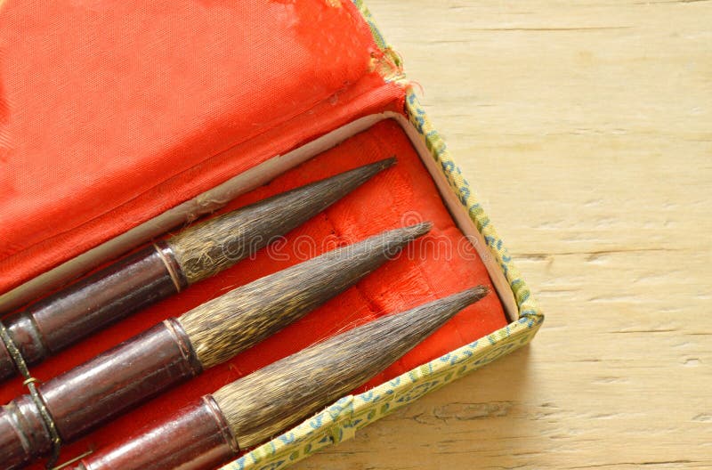 Chinese Calligraphy Variety Size in Box on Table Stock Image - Image of ...