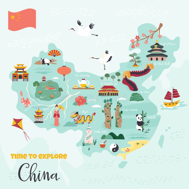 Chinese Cartoon Map with Destinations, Symbols Stock Vector ...