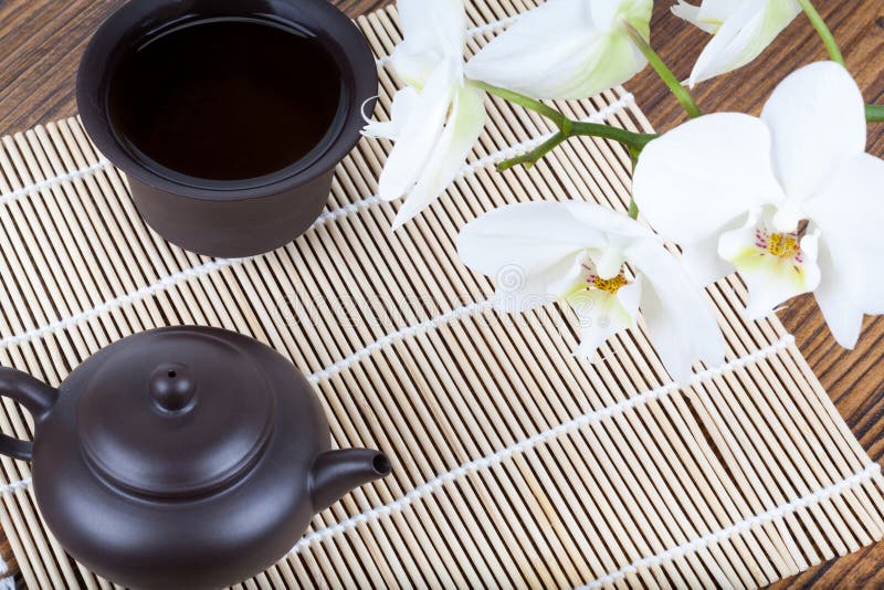 Chinese Ceramic Tea Set on Wooden Table Stock Photo - Image of drink ...