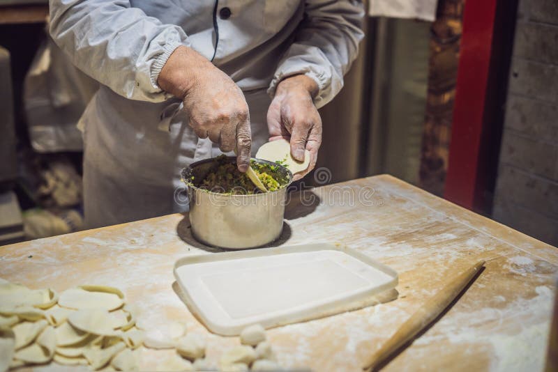Chinese Chef Making Dumplings in the Kitchen Stock Photo - Image of ...