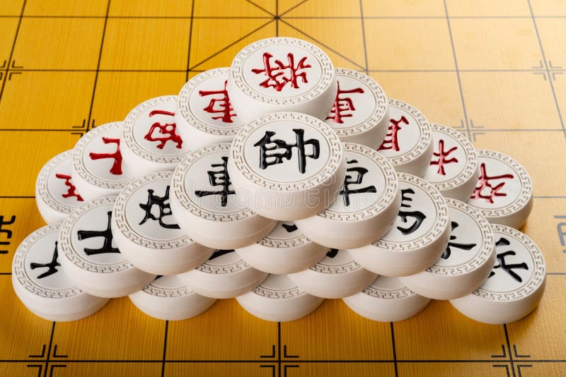Chinese Chesses Stacked Up on Chess Board Horizontal Composition Stock ...