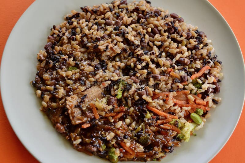 Chinese Style Chicken with Mixed Vegetables and Rice Stock Photo ...