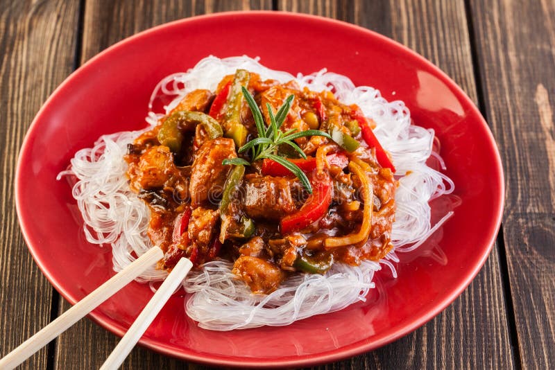 Chinese Chicken with Rice Noodles Stock Photo - Image of thai, sweet ...