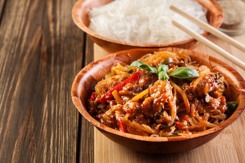 Chinese Chicken with Rice Noodles Stock Photo - Image of board, chinese ...