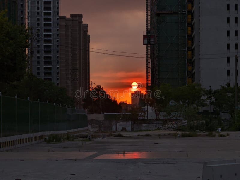 Chinese city red sunset stock photo. Image of evening - 273337836