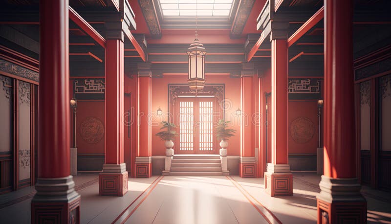 Chinese Classical Style Hall with Red Walls and Floor. 3d Rendering ...