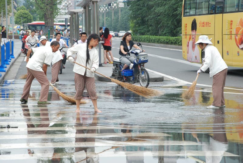 Chinese Cleaners are Sweeping Street Editorial Stock Image - Image of ...