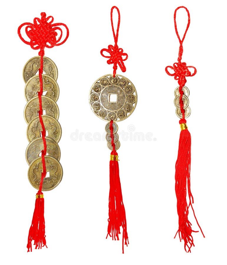 Hand Held Ancient Chinese Coins with Red Strings. Stock Photo - Image ...