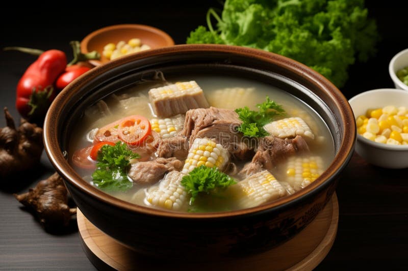 Chinese Comfort in a Bowl Corn and Pork Bone Soup Stock Illustration ...