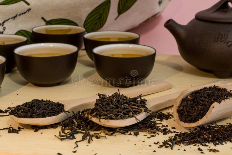 Chinese Cups and Spoons with Different Types of Tea Herbs Stock Photo ...