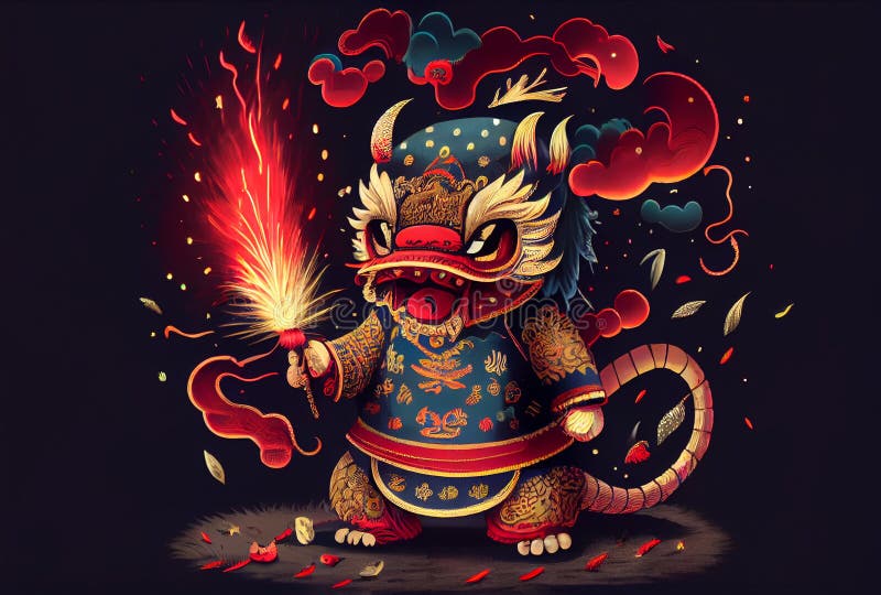 Chinese Cute Dragon with Fire Fireworks at Celebration Party Background ...