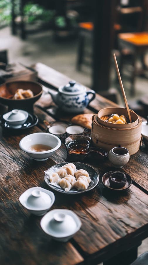A Chinese Dim Sum Spread with Steamed Dumplings Buns and Tea. Stock ...