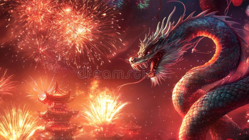 A Chinese Dragon Ascends Amidst a Fireworks Display Stock Illustration ...