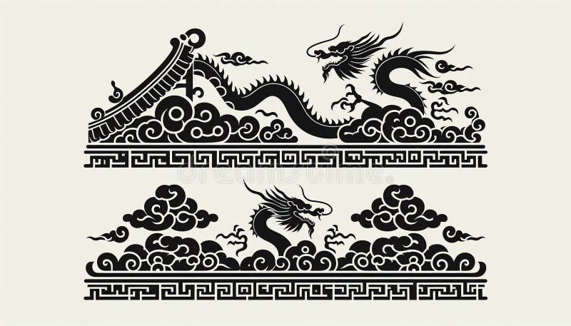 Chinese Dragon and Cloud Border Silhouette Ornament Stock Vector ...