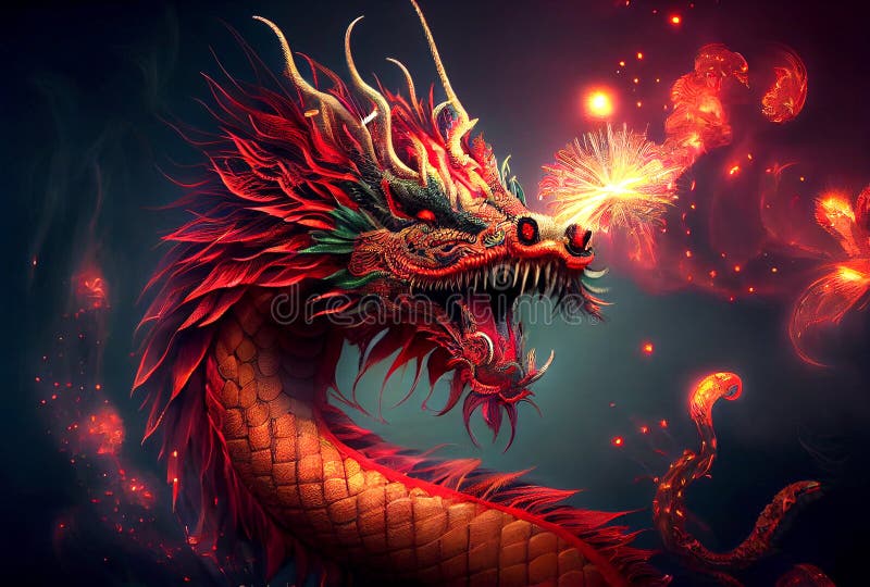 Chinese Dragon with Fire Fireworks at Celebration Party Background ...