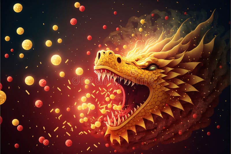Chinese Dragon with Fire and Sparks, Isolated on Black Background ...
