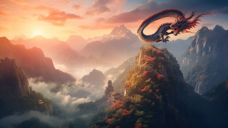 Chinese Dragon Flying Over Misty Mountains at Dawn. Dragon Stock ...