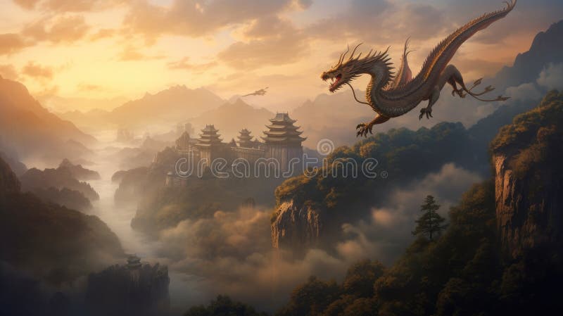 Chinese Dragon Flying Over Misty Mountains at Dawn. Dragon Stock ...