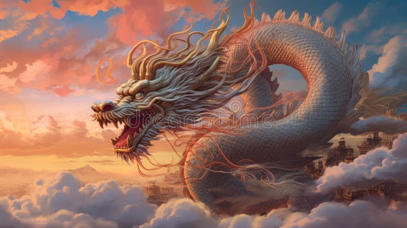 Chinese Dragon Flying in the Sky at Dawn. Dragon Stock Illustration ...