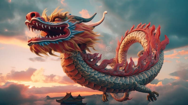 Chinese Dragon Flying in the Sky at Dawn. Dragon Stock Illustration ...