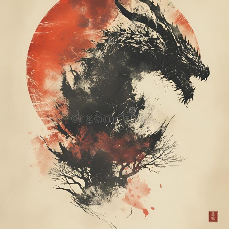 The Chinese Dragon is in Front of a Sun and Trees Stock Illustration ...