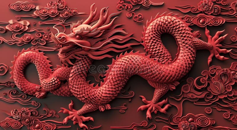An Chinese Dragon is Shown on a Red Background Stock Photo - Image of ...