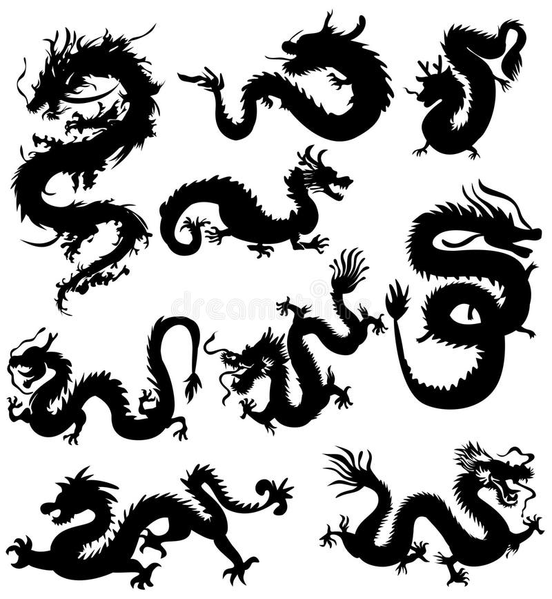 Chinese Dragon Silhouettes Collection Vector Illustration Stock ...