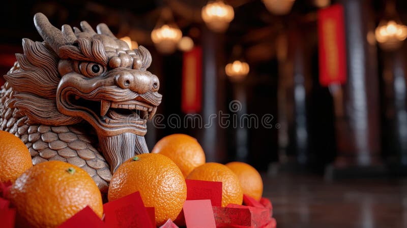 Chinese Dragon Statue with Oranges and Red Envelopes for Lunar New Year ...