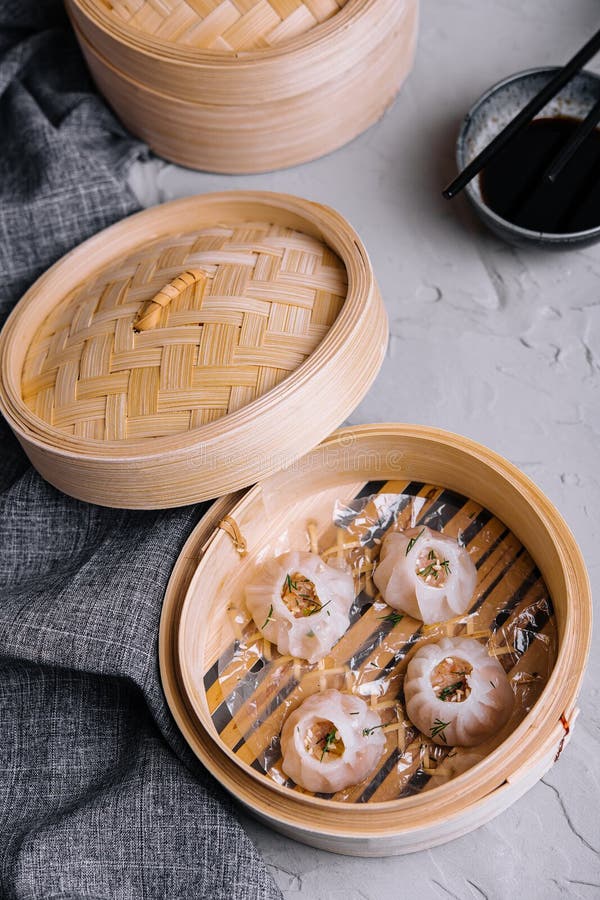 Chinese Dumplings Being Steamed on the Traditional Bamboo Pan Stock ...
