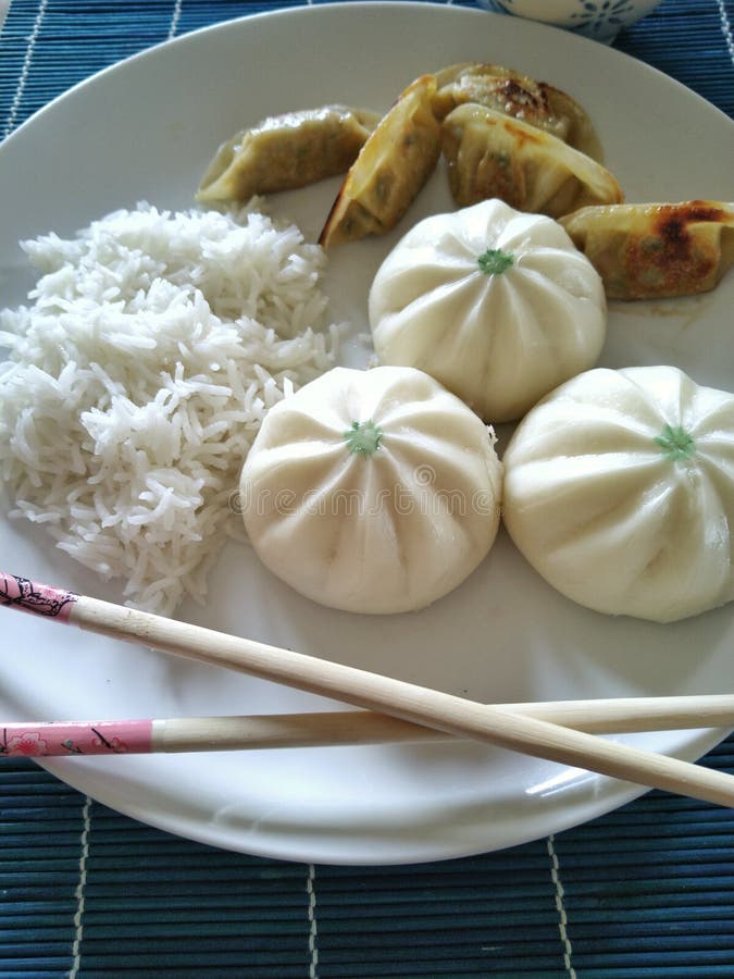 Chinese Dumplings Rice and Fry Stock Image - Image of white, plate ...