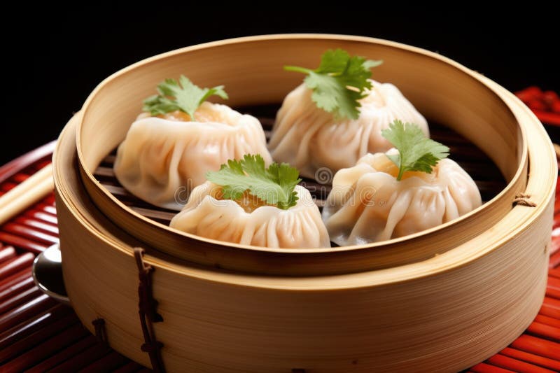 Chinese Dumplings in a Traditional Bamboo Steamer Stock Illustration ...