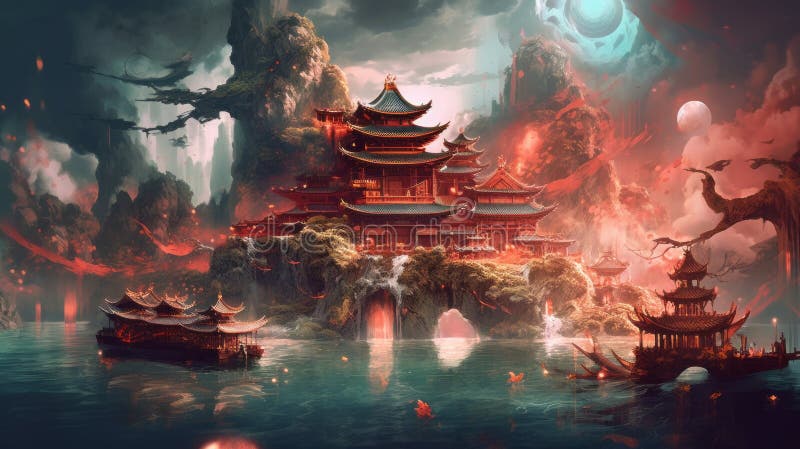 Chinese Fantasy Style Scene Art. Generative AI Stock Illustration ...