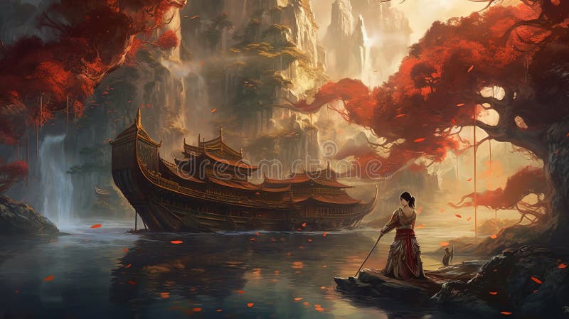 Chinese Fantasy Style Scene Art. Generative AI Stock Illustration ...