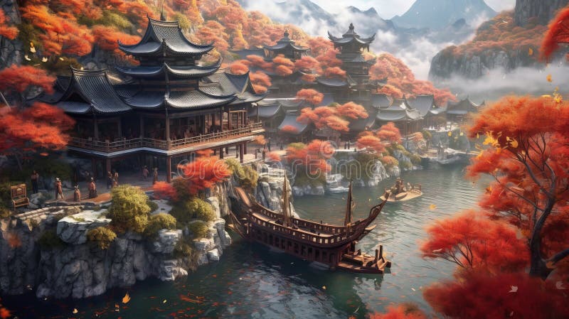 Chinese Fantasy Style Scene Art. Generative AI Stock Illustration ...