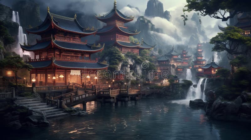 Chinese Fantasy Style Scene Art. Generative AI Stock Illustration ...