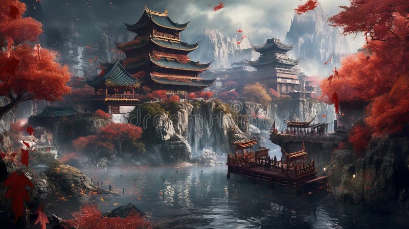 Chinese Fantasy Style Scene Art. Generative AI Stock Illustration ...