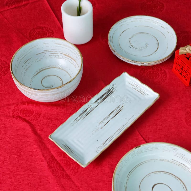 Chinese Feel Set of Platter, Bowl, Plate, and Mug on Red Tablecloth 02 ...