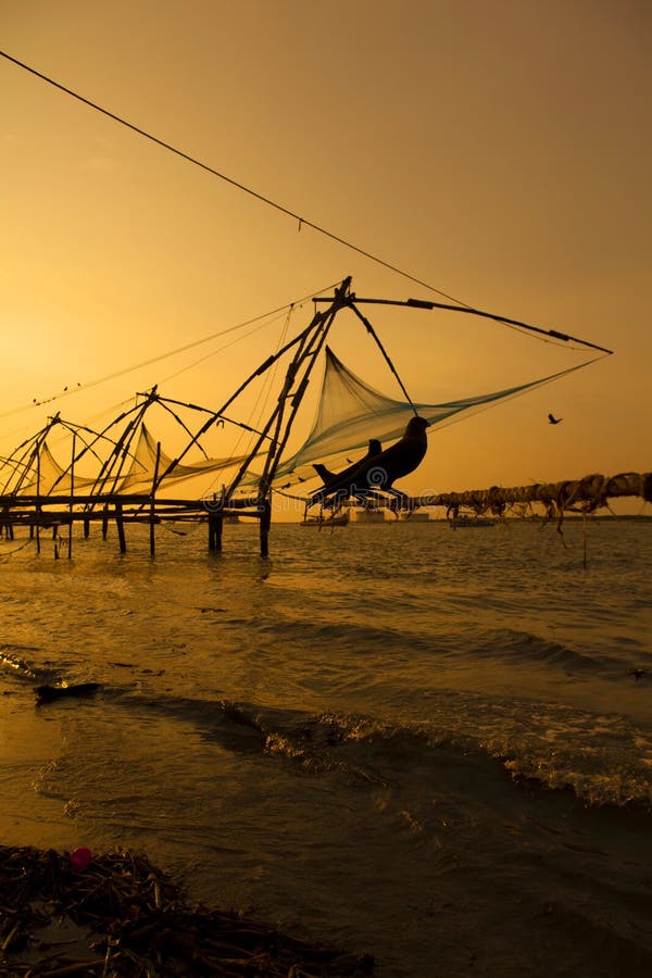 Chinese fishing nets. stock image. Image of crow, sunrise - 14912217
