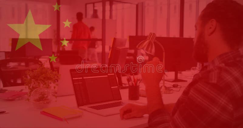Chinese Flag Animation Over Office Workers Using Computers and ...