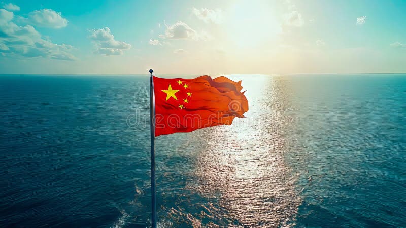 A Chinese Flag Flying High Above the Ocean at Sunset Stock Image ...