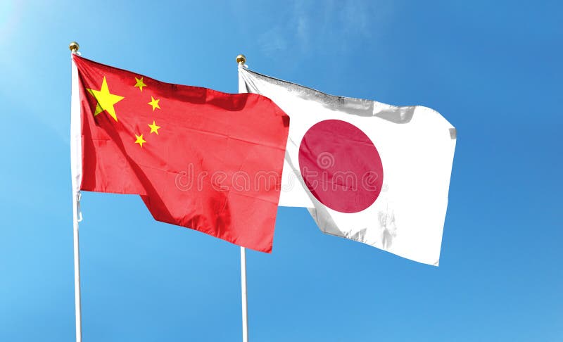 Chinese Flag and Japanese Flag with Blue Sky. Waving Blue Sky Stock ...