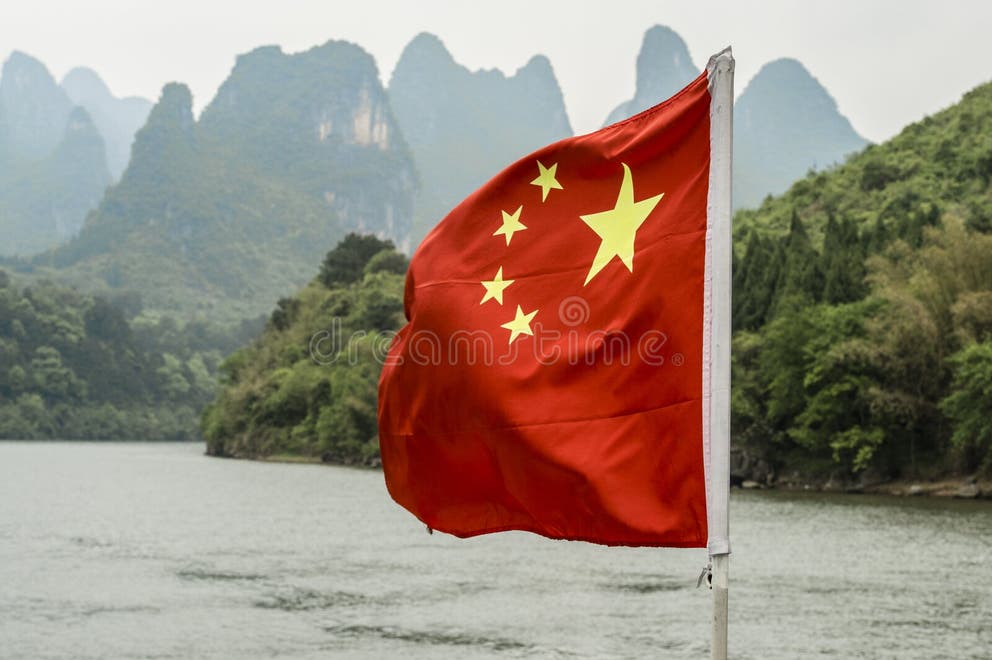 Chinese Flag Over the Li-River or Li Jiang, China Stock Photo - Image ...